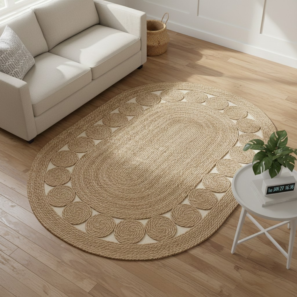 Alfombra de Yute Ovalada Artesanal - 150x100 cm - Diseño de Espirales ...