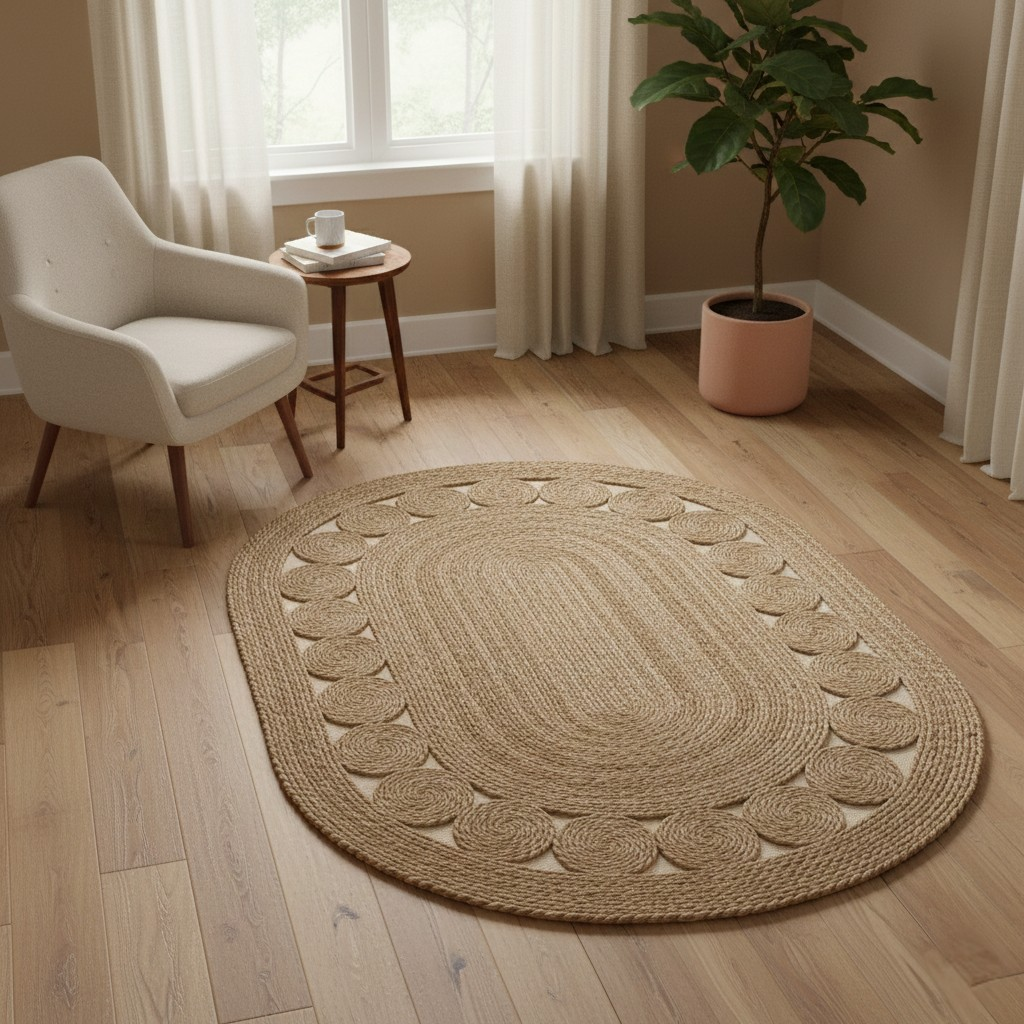 Alfombra de Yute Ovalada Artesanal - 150x100 cm - Diseño de Espirales ...